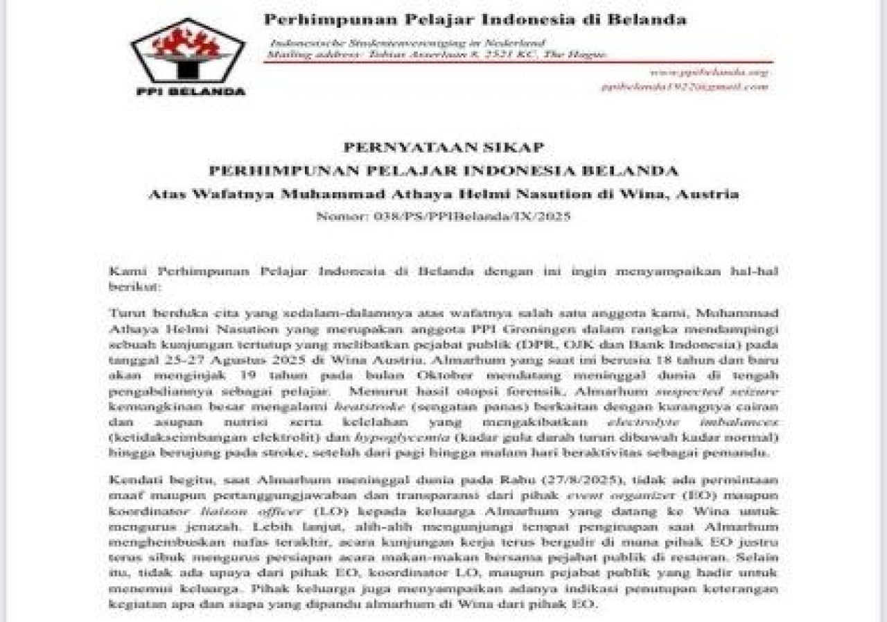 Rilis Perhimpunan Pelajar Indonesia Belanda atas Wafatnya Muhammad Athaya Helmi