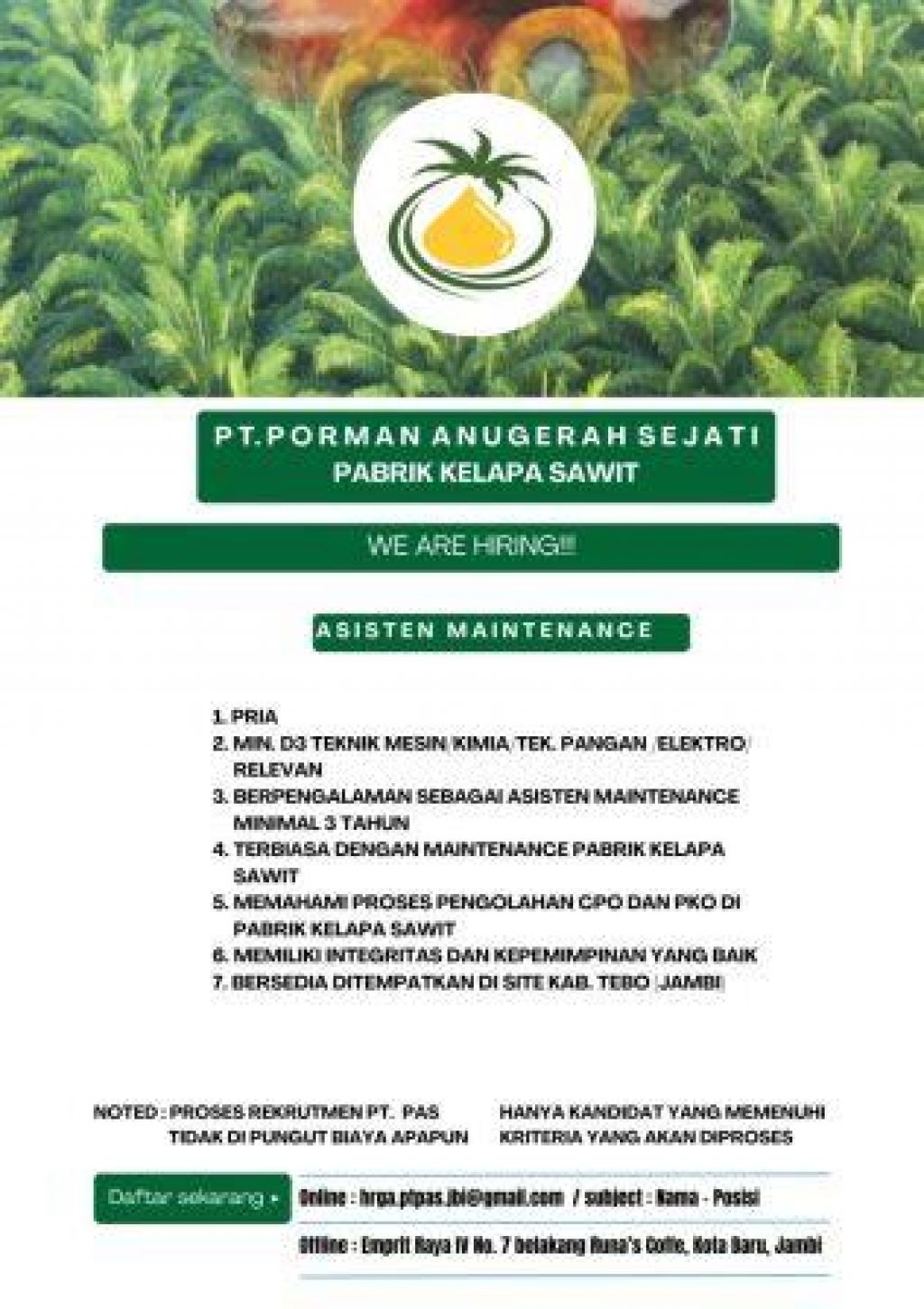 Pabrik Kelapa Sawit di Jambi Butuh Tenaga Maintenance